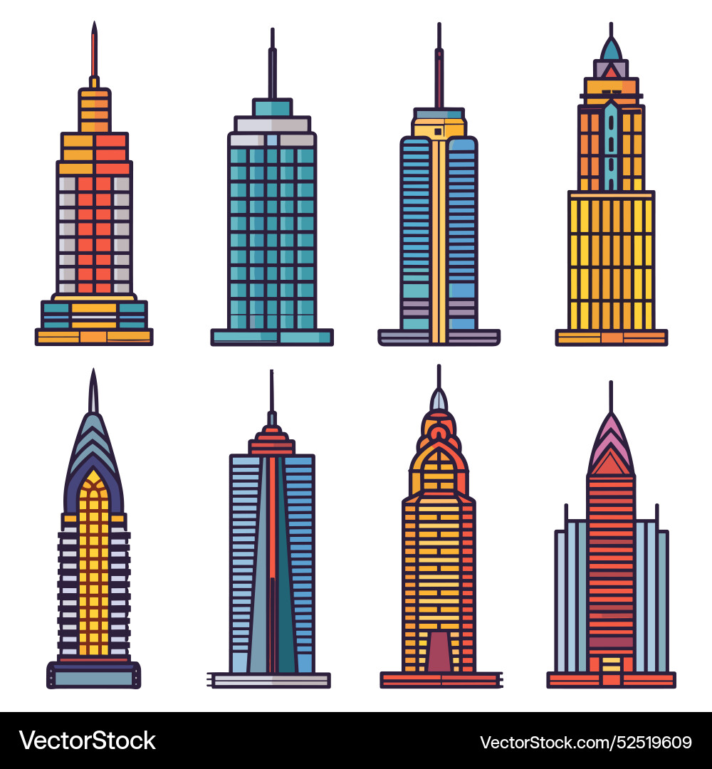 Eight skyscrapers depicting various Royalty Free Vector