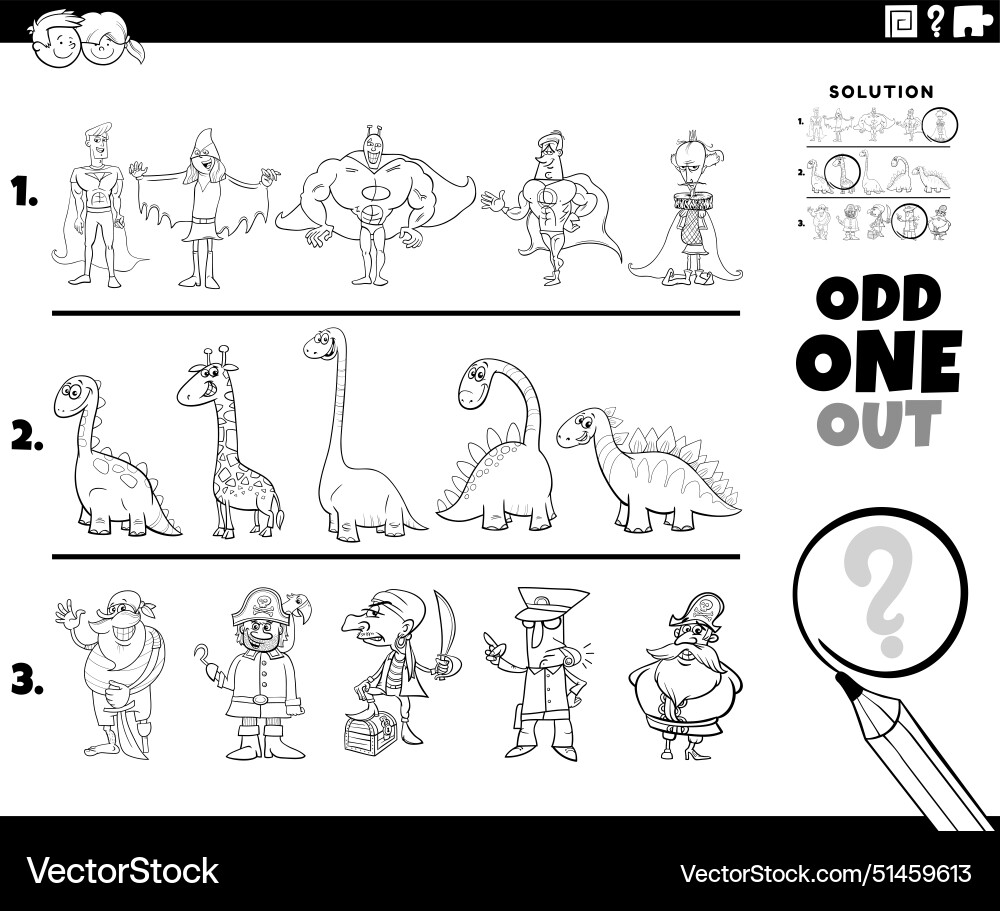 Odd one out game with cartoon characters coloring Vector Image