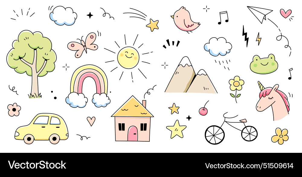 Kid cute doodle set sun house tree Royalty Free Vector Image