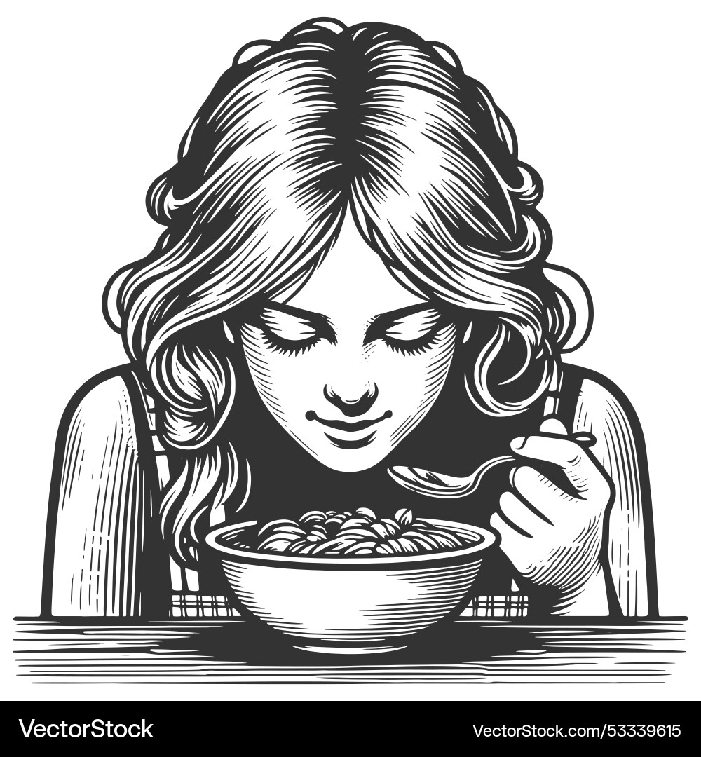 Woman eating soup engraving Royalty Free Vector Image