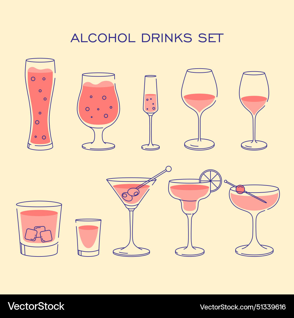 Big set of glassware alcoholic drinks Royalty Free Vector