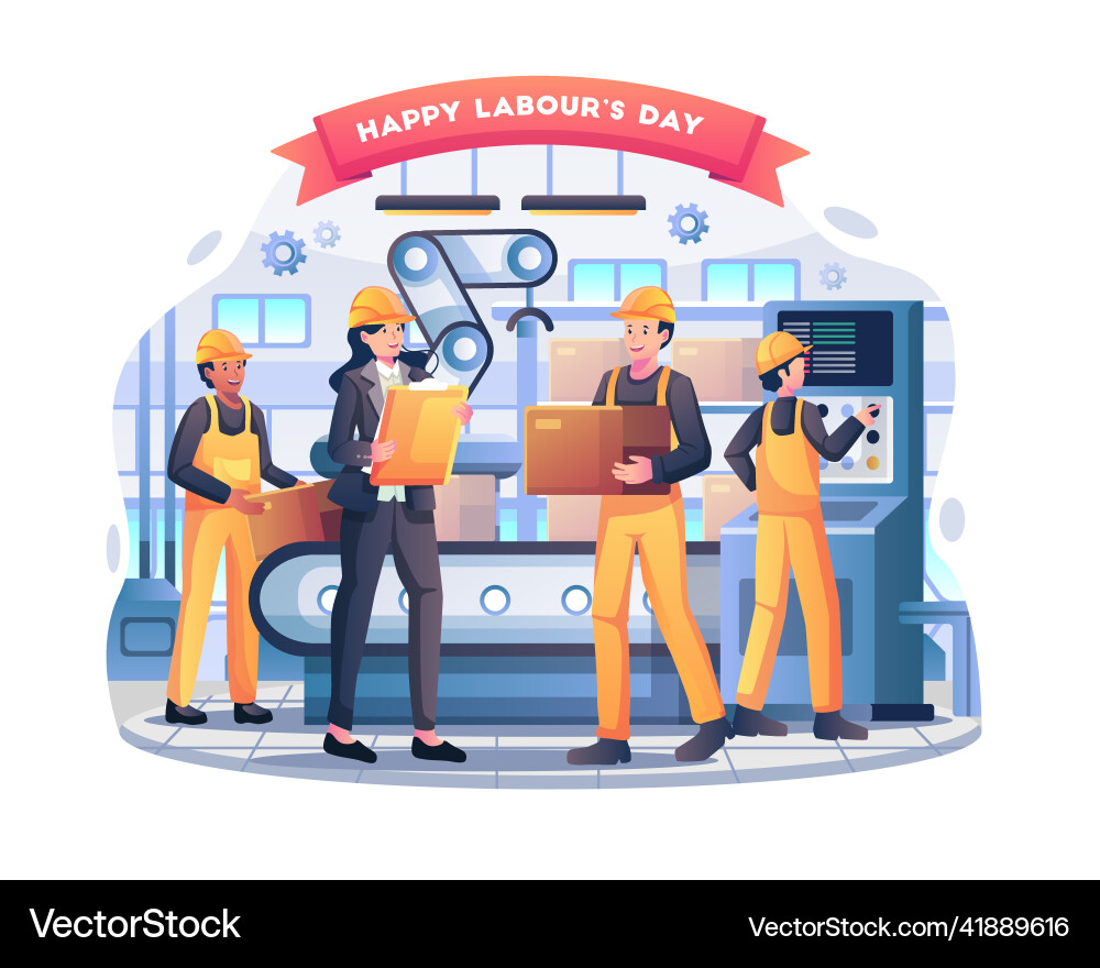 Factory workers and a head female instructor Vector Image