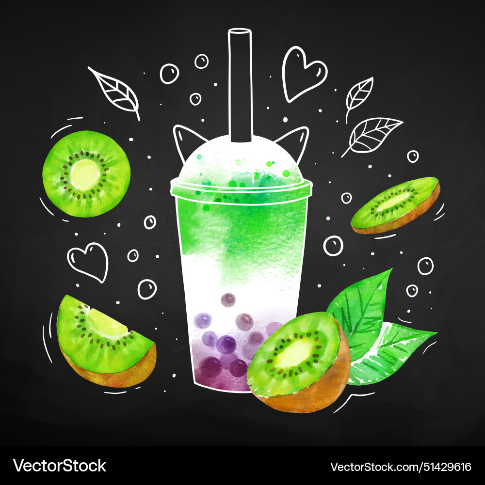 Green kiwi bubble tea with chalk doodles Vector Image