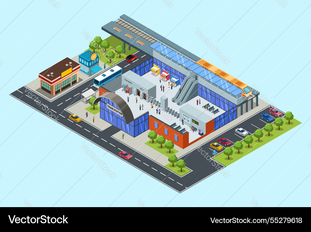 Isometric train station public transportation Vector Image