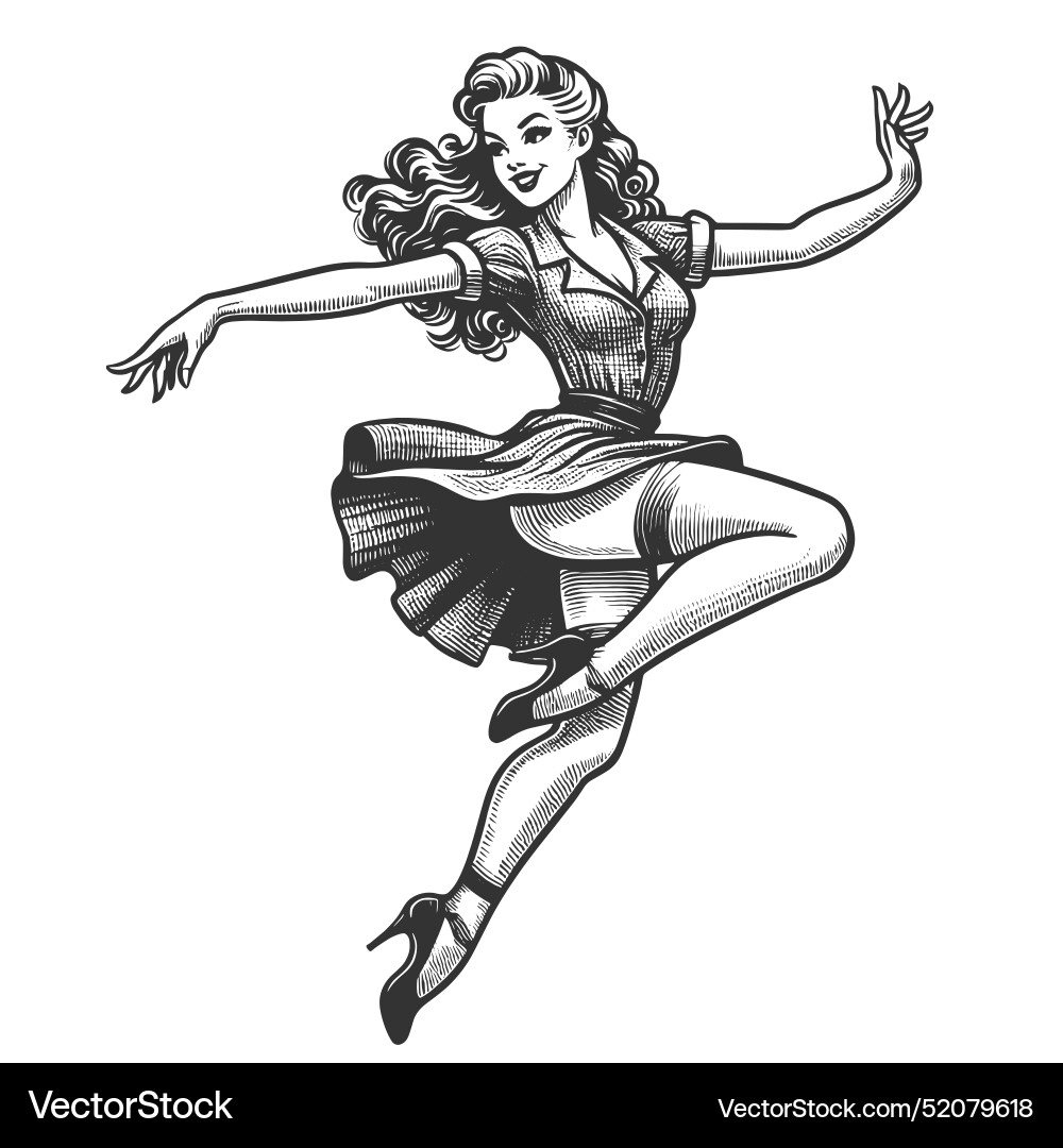 Pin-up girl dancing engraving Royalty Free Vector Image