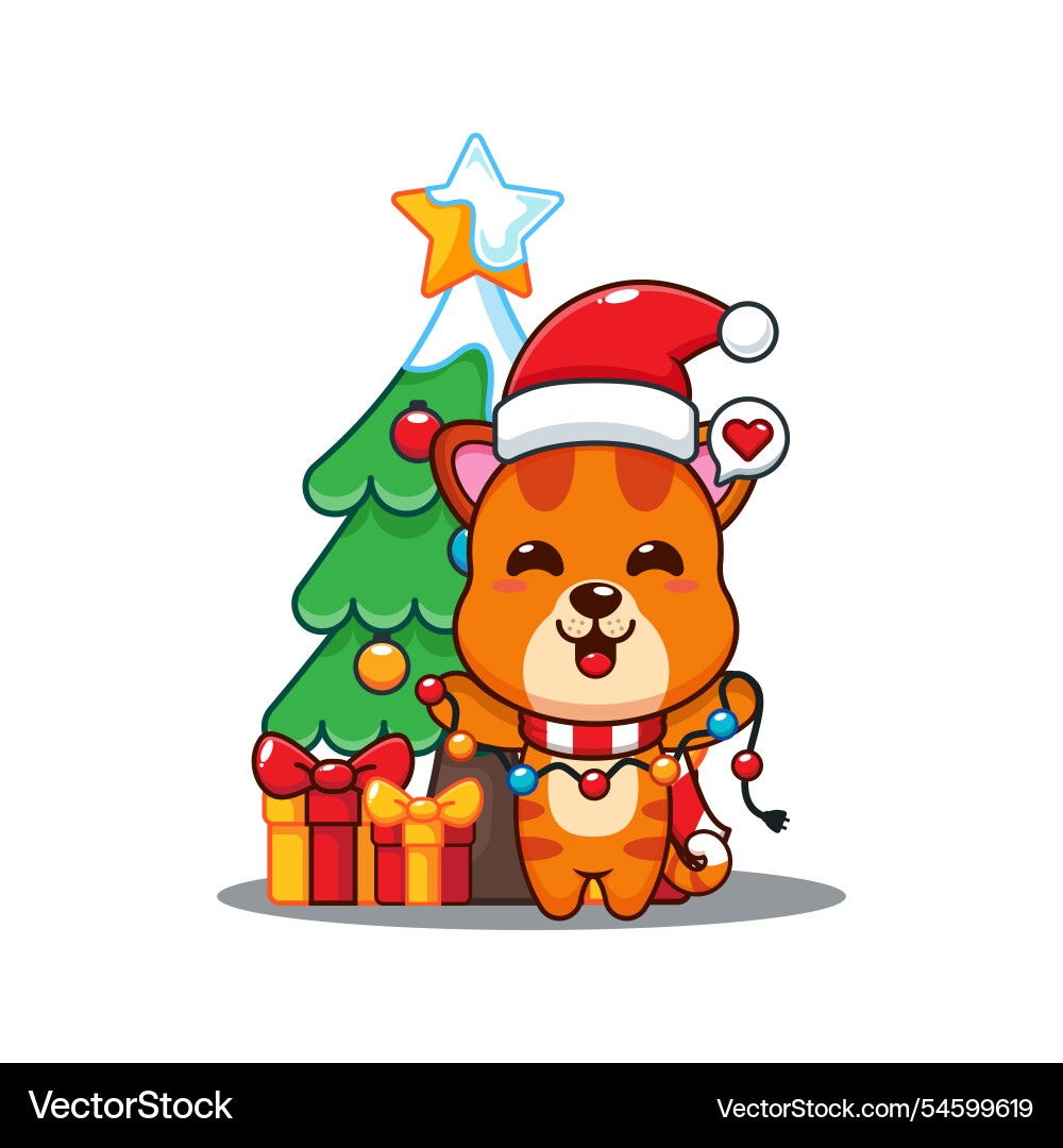 Cute cat with christmas lamp cartoon Royalty Free Vector