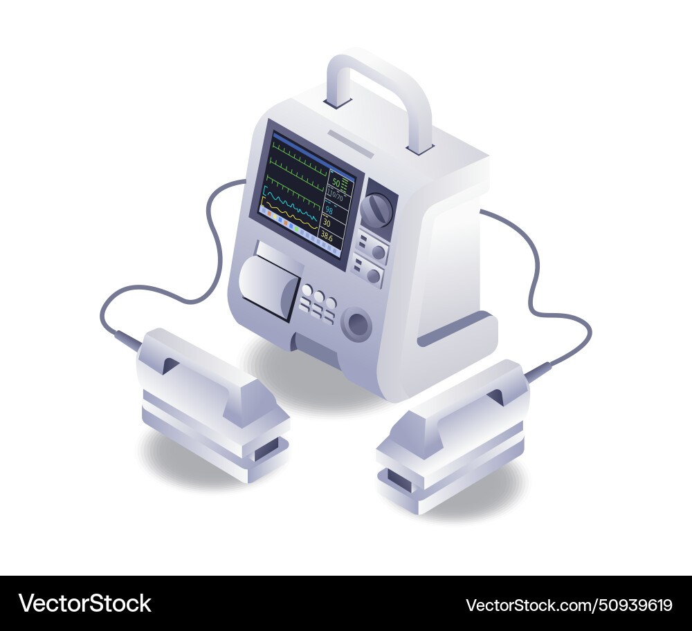 Medical device defibrillator flat isometric Vector Image
