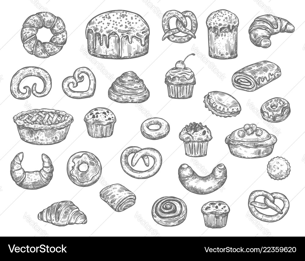 Bakery shop bread and dessert cakes sketch Vector Image