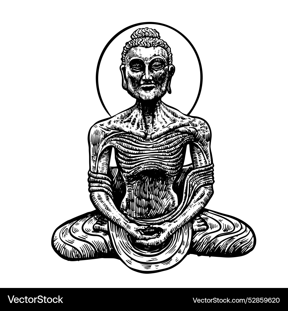 Fasting buddha statue line drawing Royalty Free Vector Image