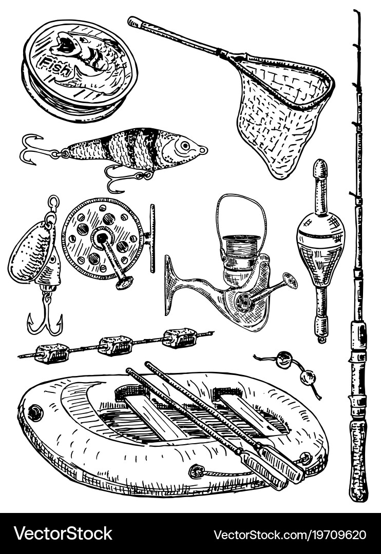 Ink hand drawn fishing equipment set Royalty Free Vector