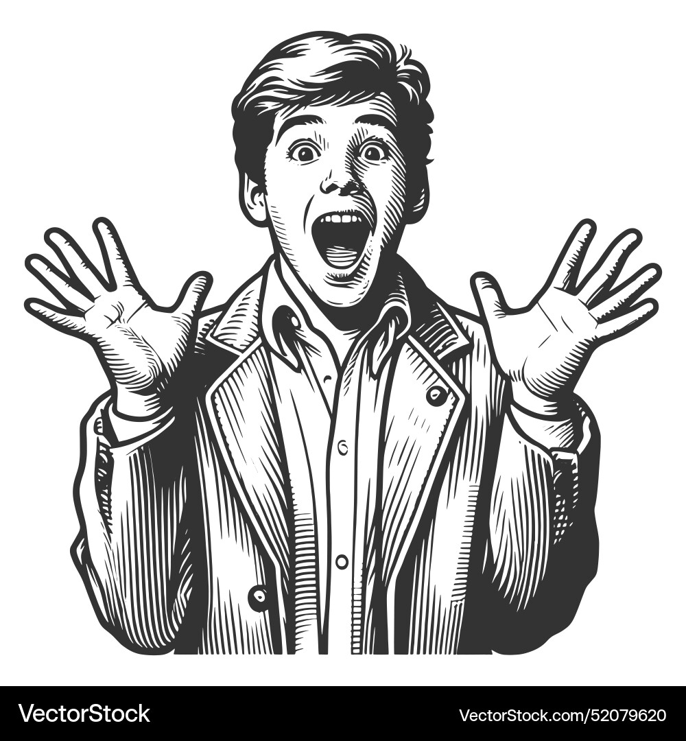Surprised man with hands up Royalty Free Vector Image