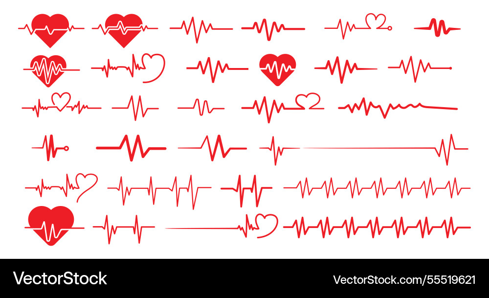 Red heartbeat line and ecg waveform icon set Vector Image