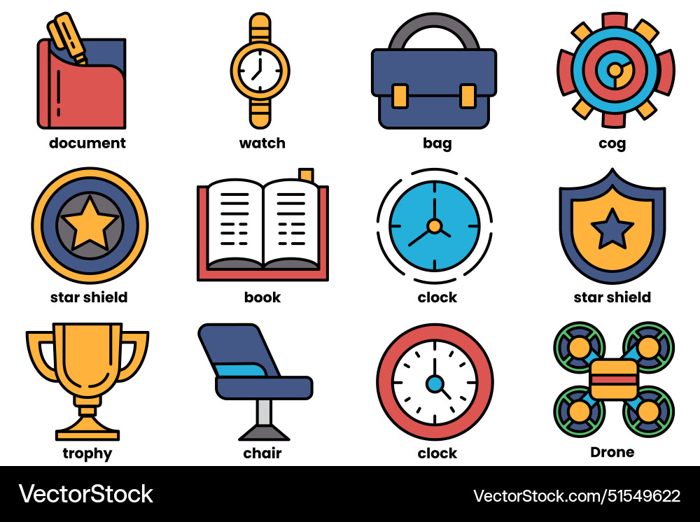 A collection of icons for various items Royalty Free Vector