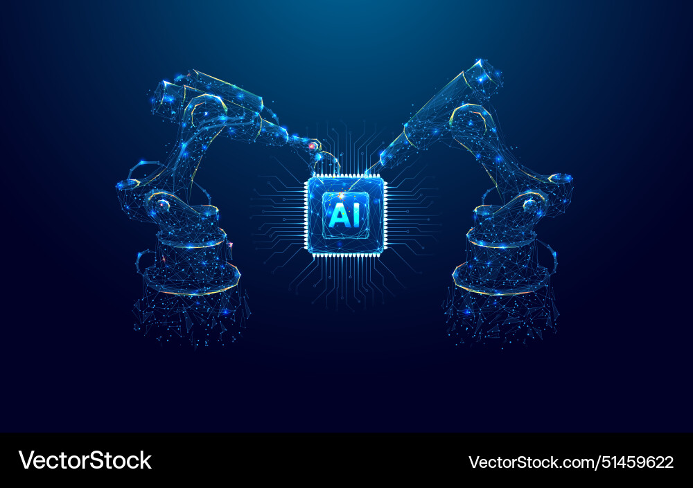 Industrial robotic arms create ai a chip on blue Vector Image