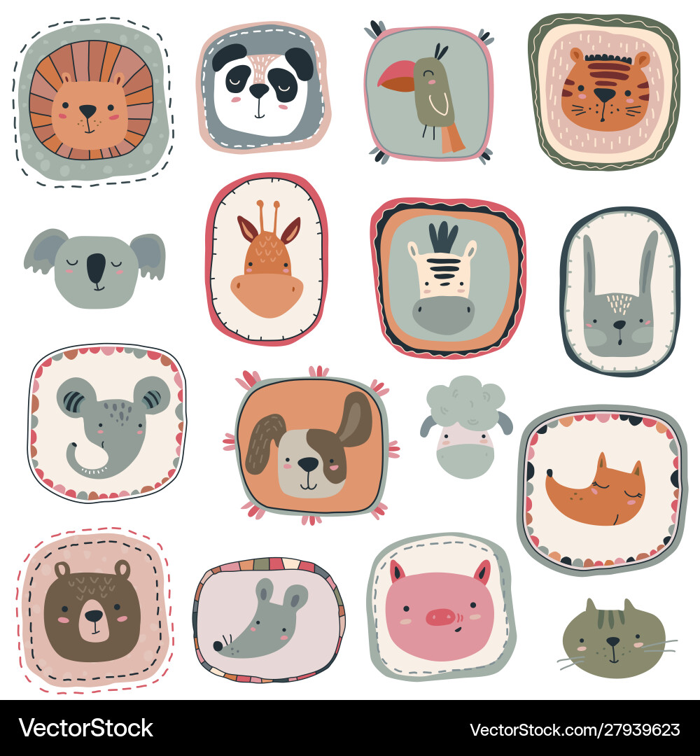 Collection cute hand drawn animal faces Royalty Free Vector