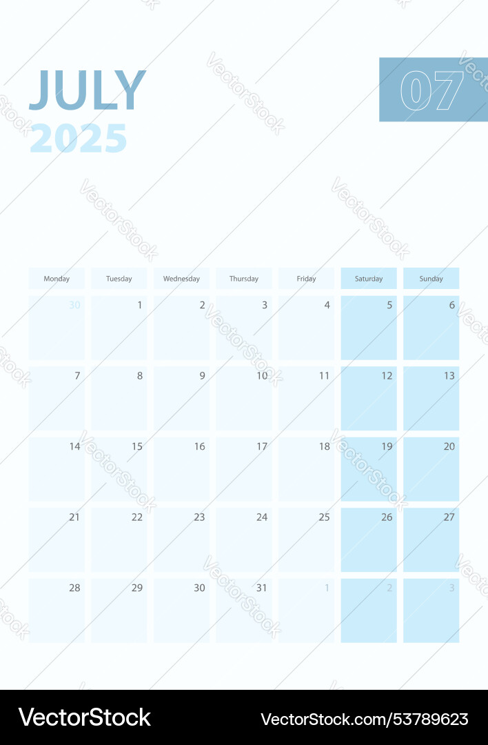 Vertical calendar page of july 2025 week starts Vector Image