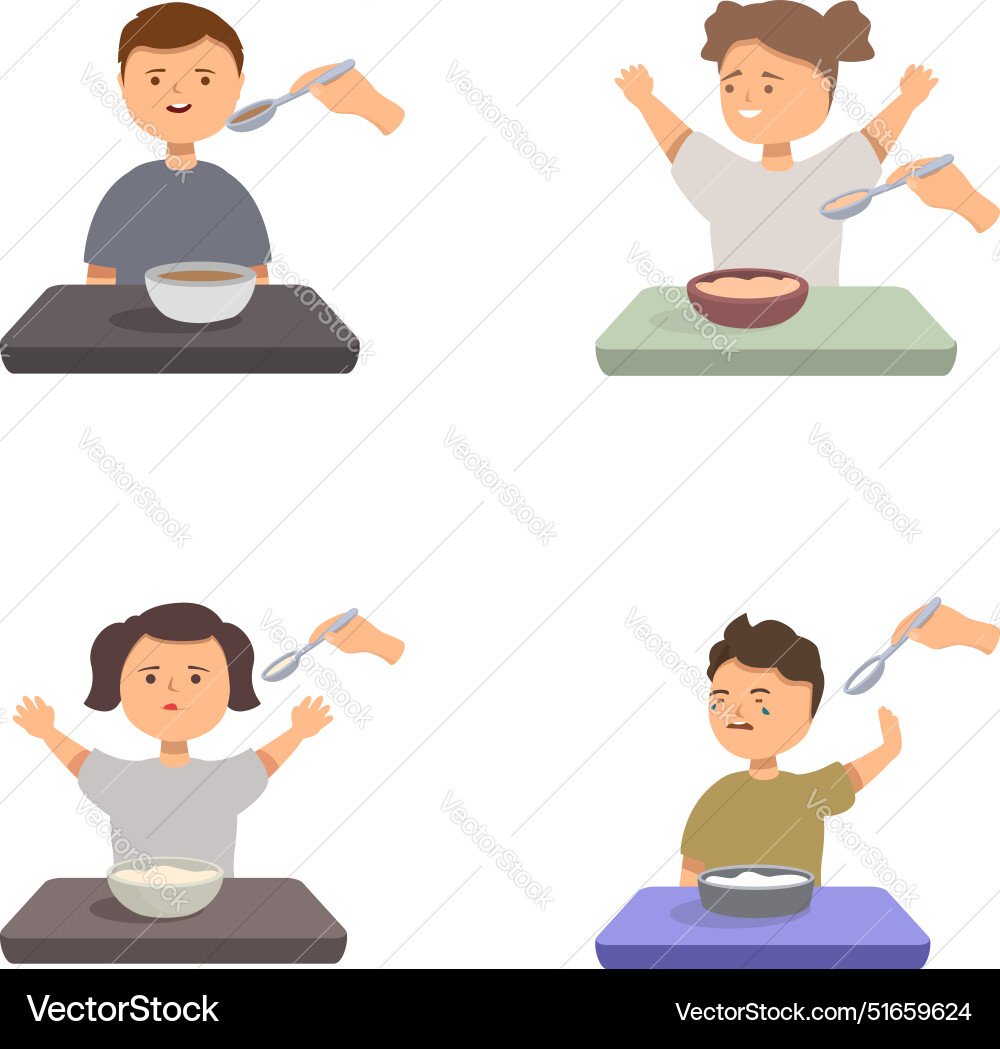Kids various expressions eating meals Royalty Free Vector