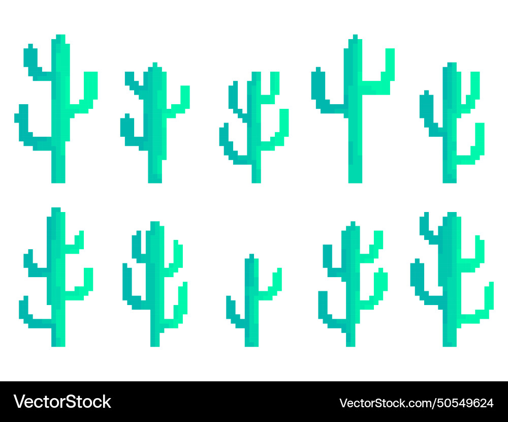 Pixel cactus icon set isolated on white Royalty Free Vector
