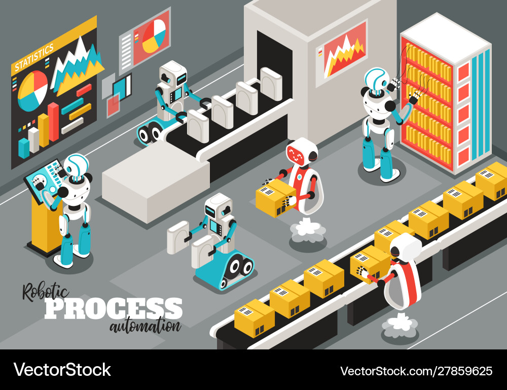 Robotic process isometric background Royalty Free Vector