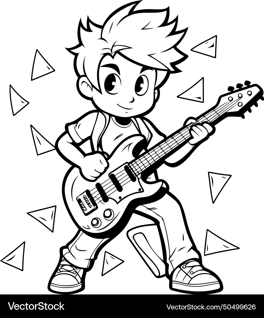 Boy playing electric guitar black and white Vector Image