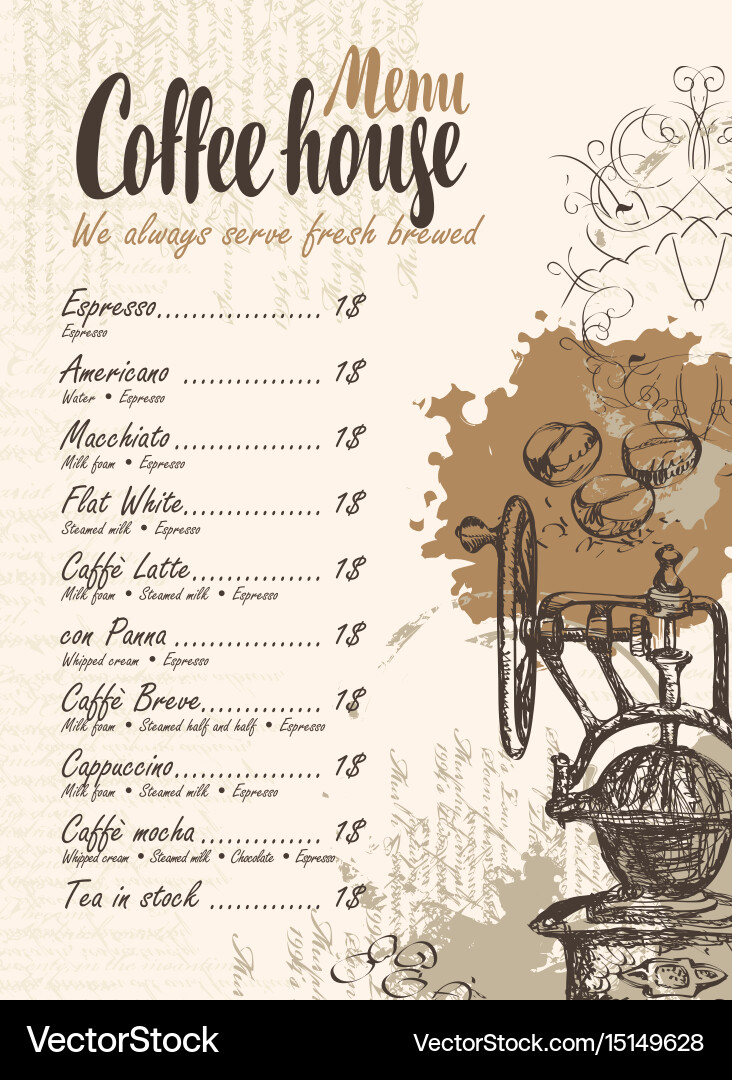 Coffee menu with price list and old mill Vector Image