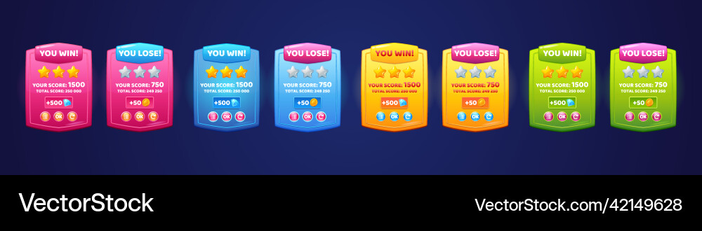 Game ui interface boards with win and lose Vector Image