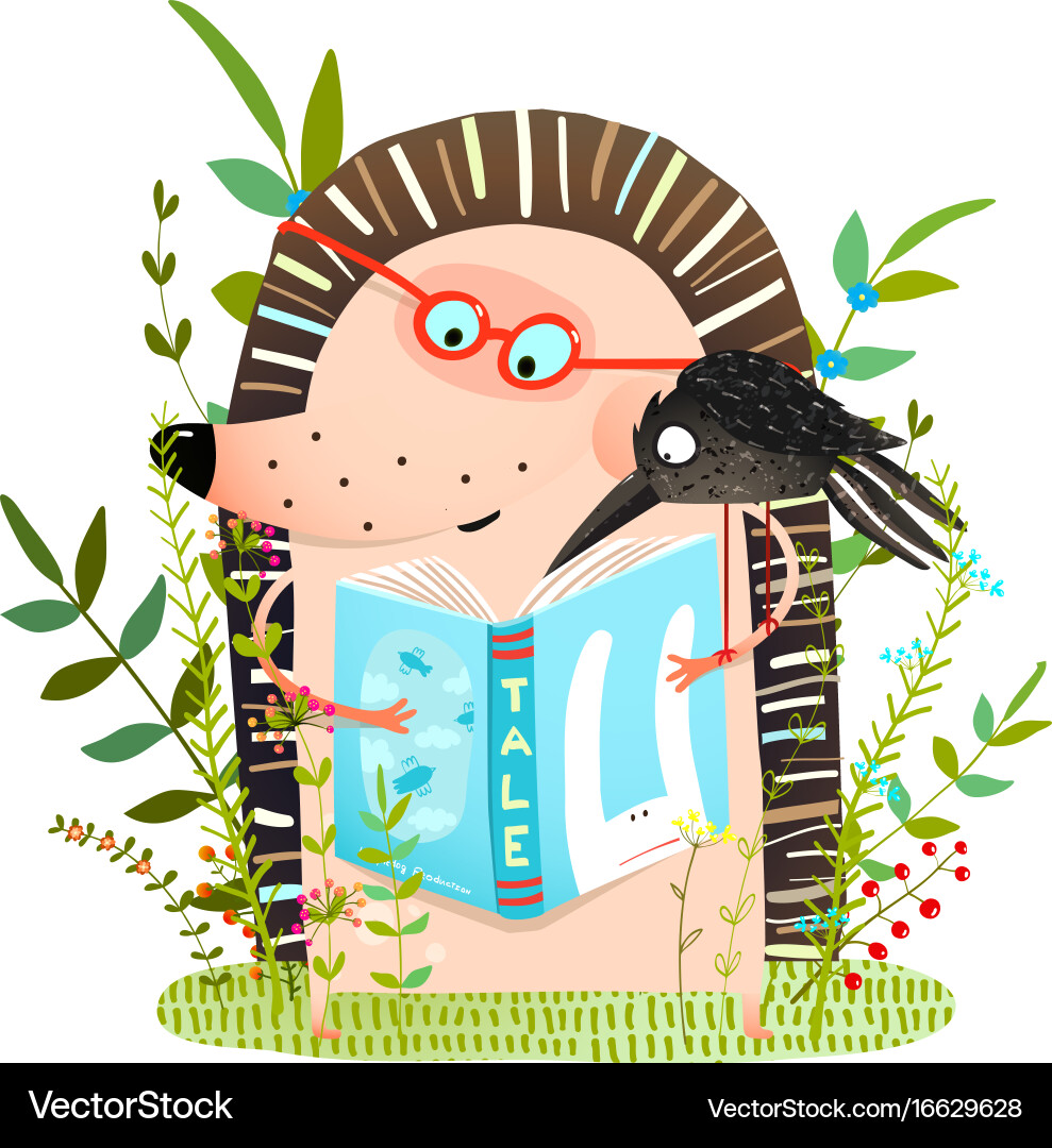 Hedgehog and crow friends reading book Royalty Free Vector