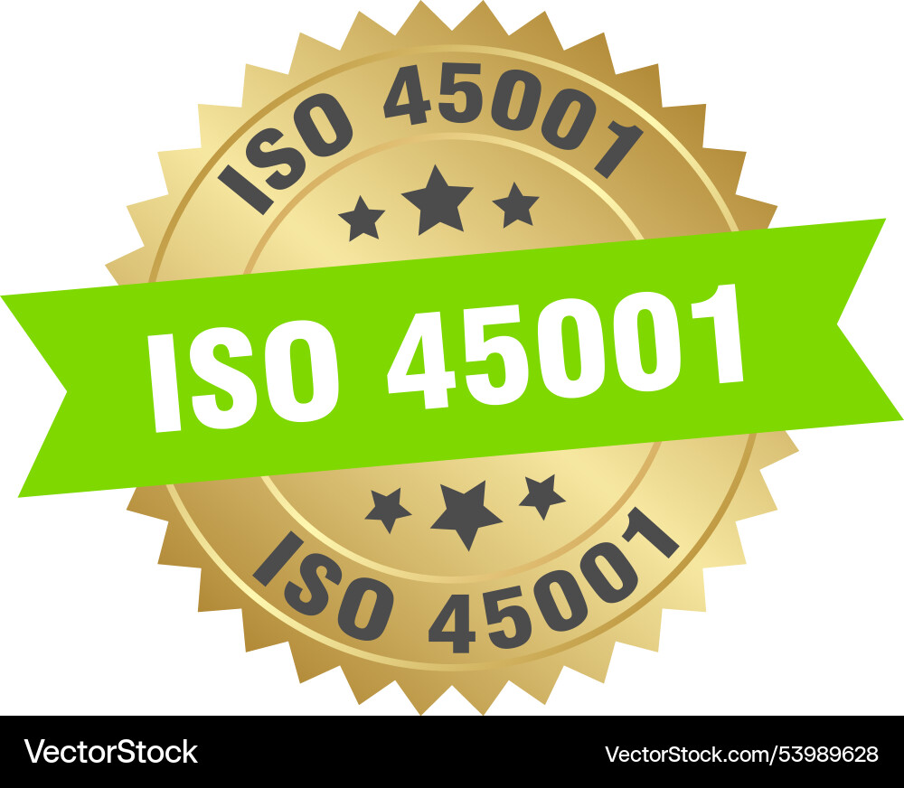 Iso 45001 round green and gold label Royalty Free Vector