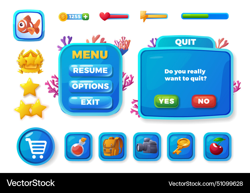 Underwater game ui set Royalty Free Vector Image