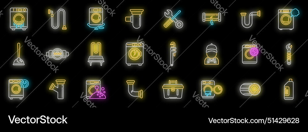 Washing machine repair icons set neon Royalty Free Vector