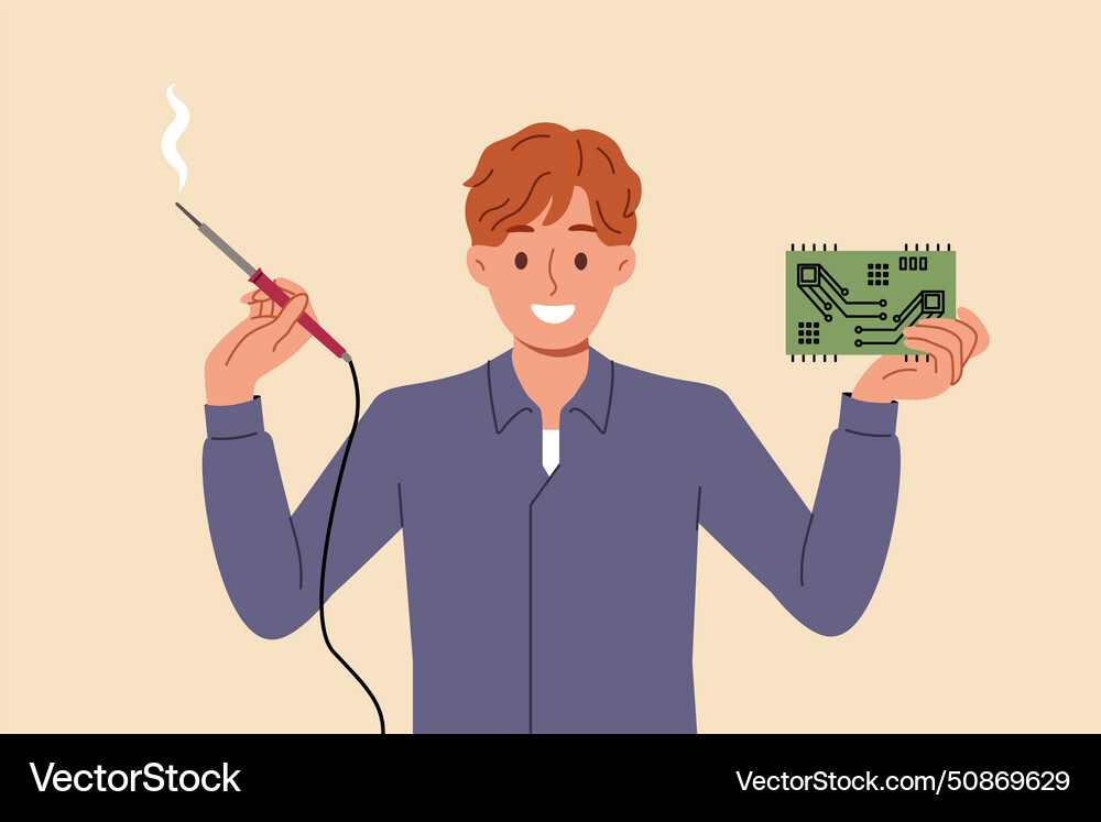 Man engineer with electronic circuit and power Vector Image