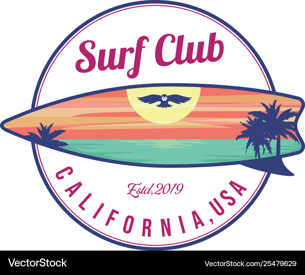 Owl surfing logo design inspiration with a sunset Vector Image