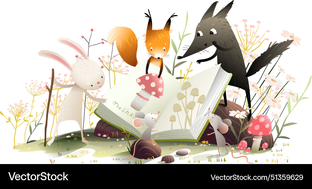 Rabbit mouse squirrel wolf read book in forest Vector Image