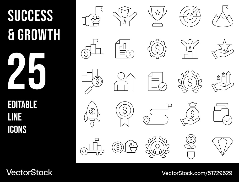 Success and growth editable icons set Royalty Free Vector