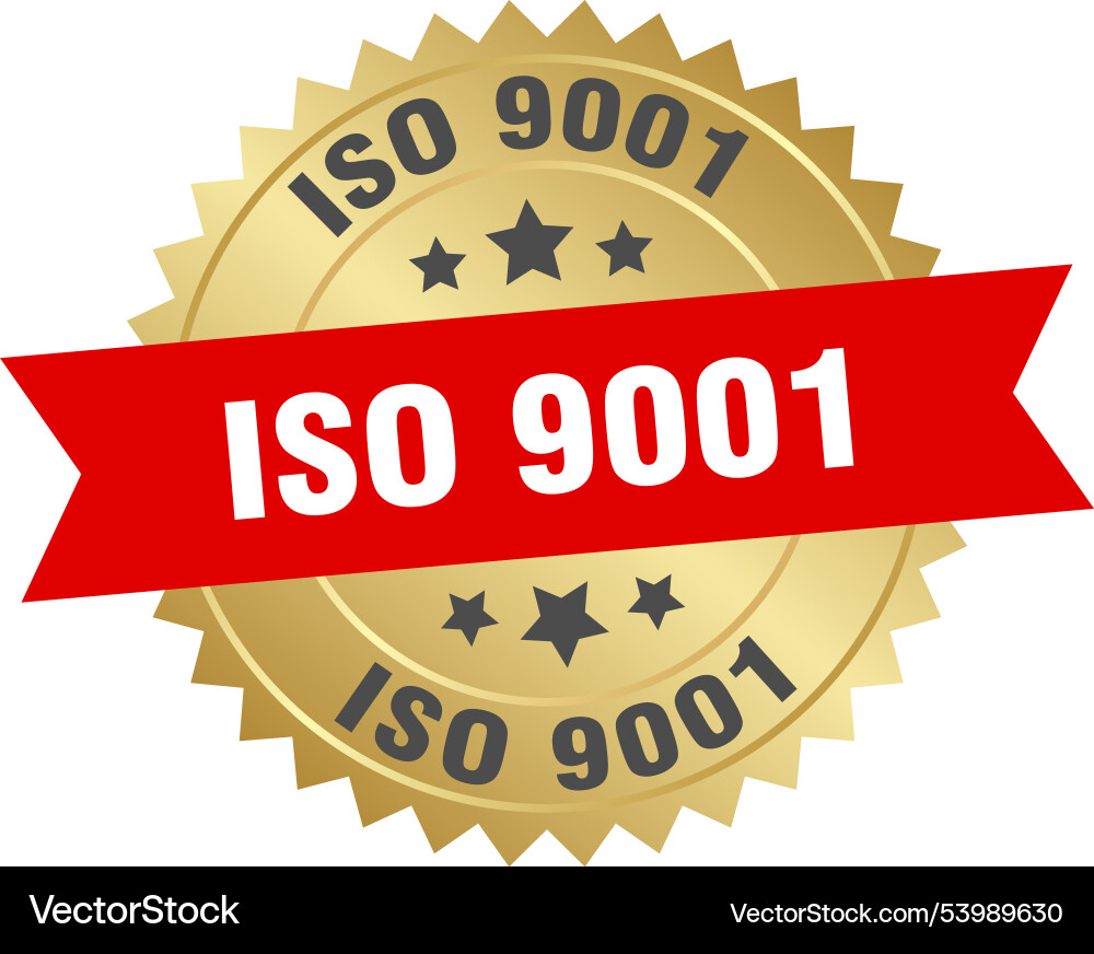 Iso 9001 round red and gold label Royalty Free Vector Image