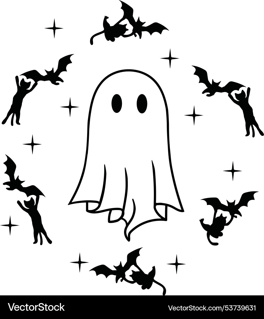 Ghost and flying cats with bats Royalty Free Vector Image