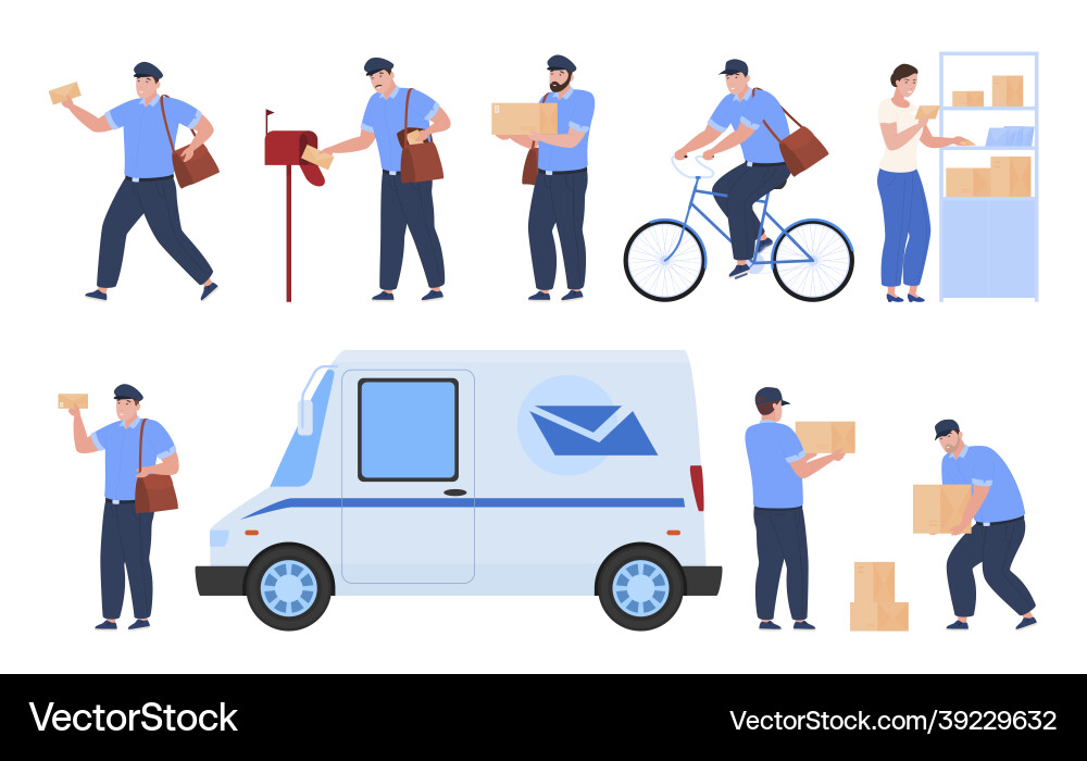 Collection postman delivery parcel Royalty Free Vector Image