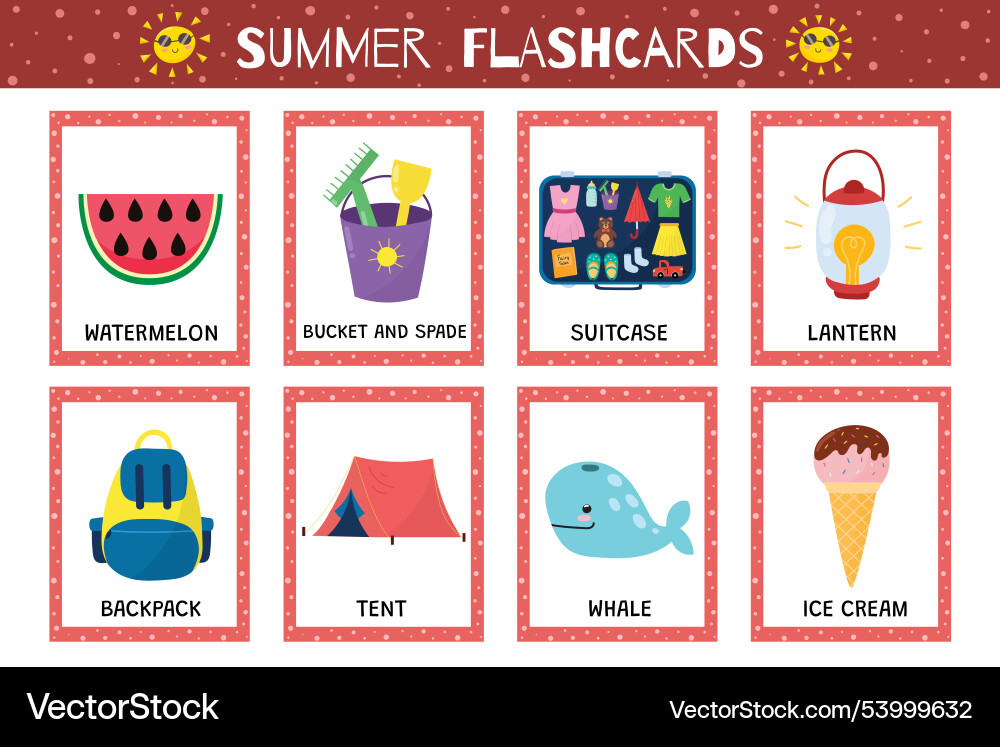 Summer flashcards collection for kids Royalty Free Vector