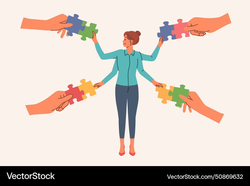 Woman office manager works in multitasking mode Vector Image