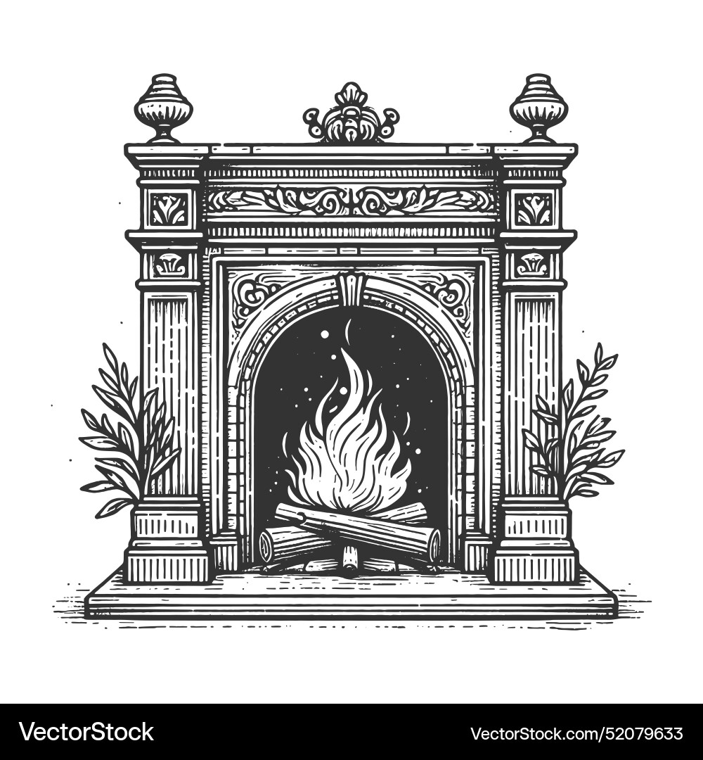 Classic fireplace engraving Royalty Free Vector Image