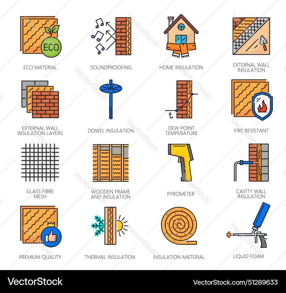 Wall thermal insulation icons mineral wool tools Vector Image