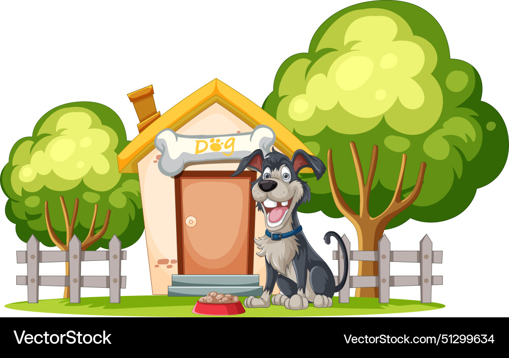 Cheerful dog sitting by its kennel under trees Vector Image