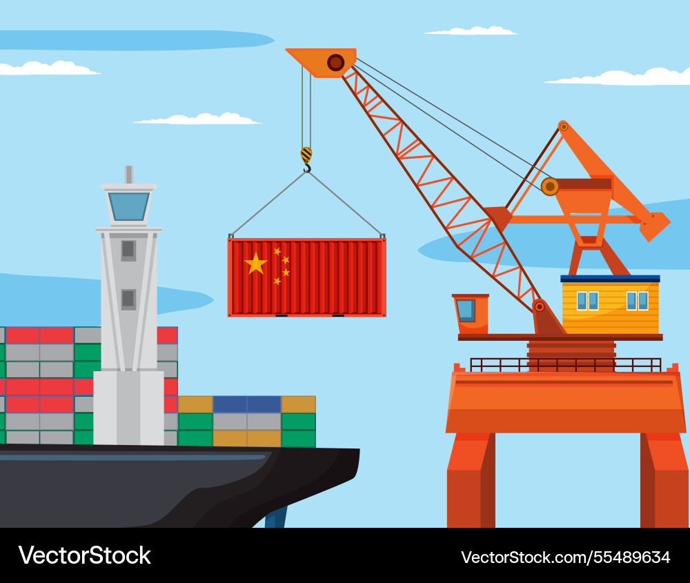 Containerkran Ladegut am befahrenen Hafen Vektorbild