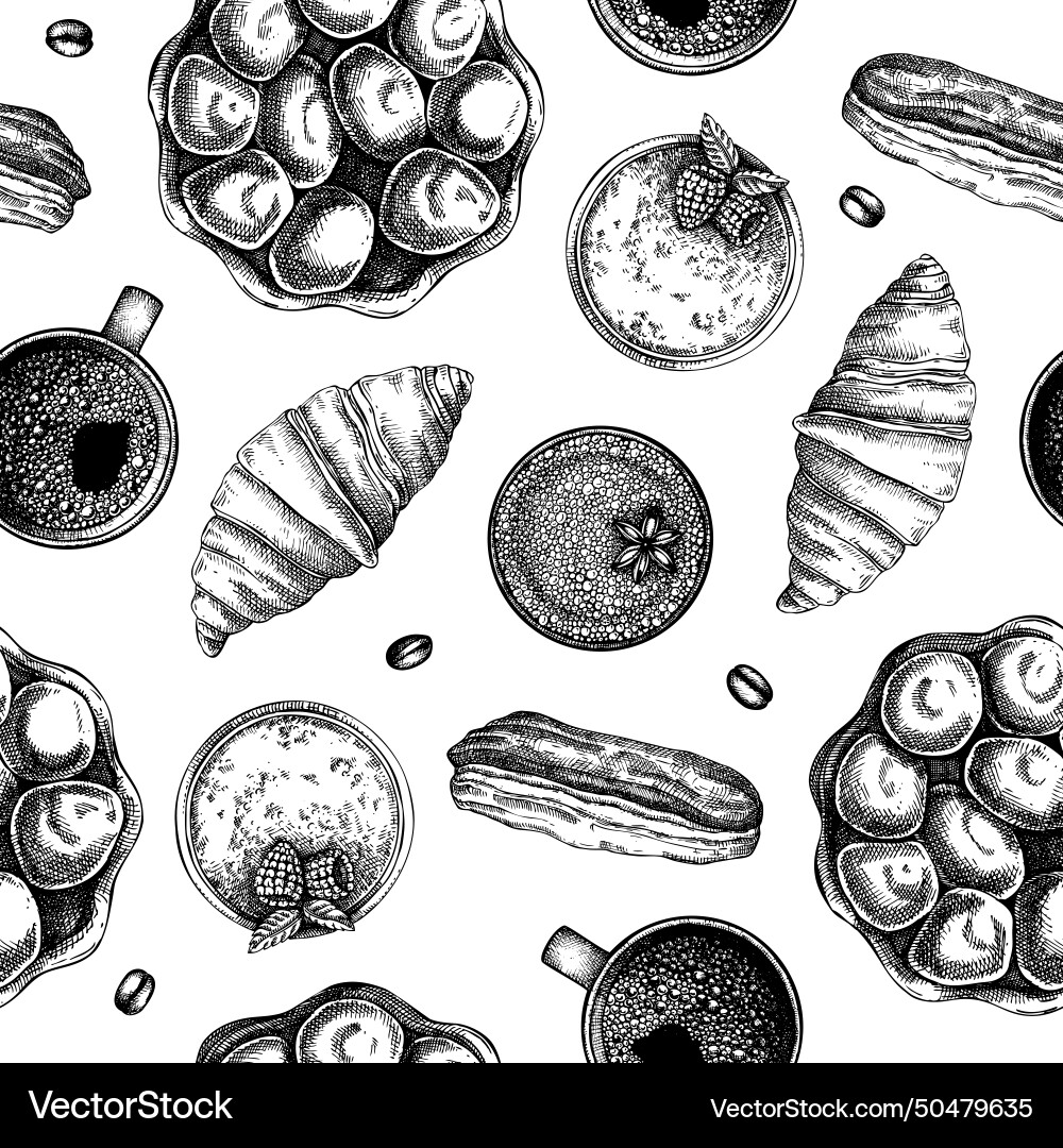 French pastries seamless pattern vintage bakery Vector Image