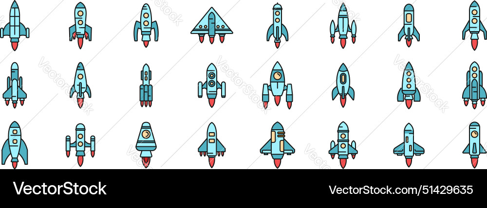 Spacecraft launch icons set color line Royalty Free Vector
