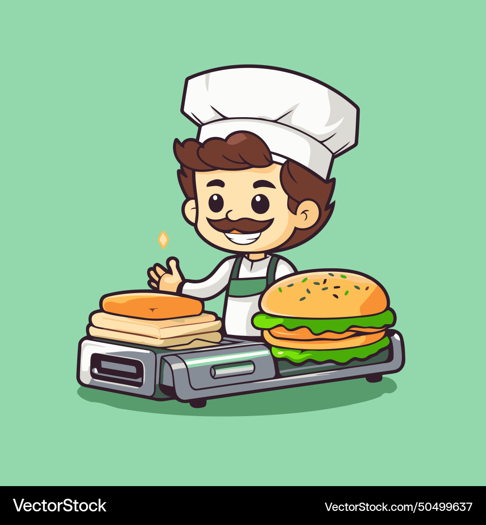 Cartoon chef with hamburger and scale cheerful Vector Image