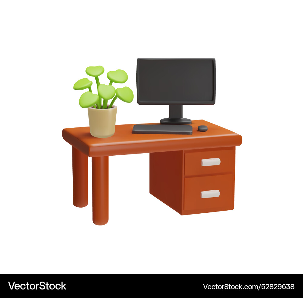 3d icon office desk with computer and plant Vector Image