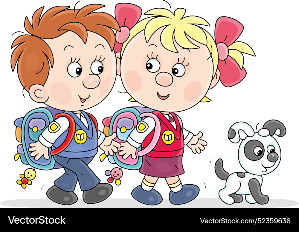 Little first graders walking Royalty Free Vector Image