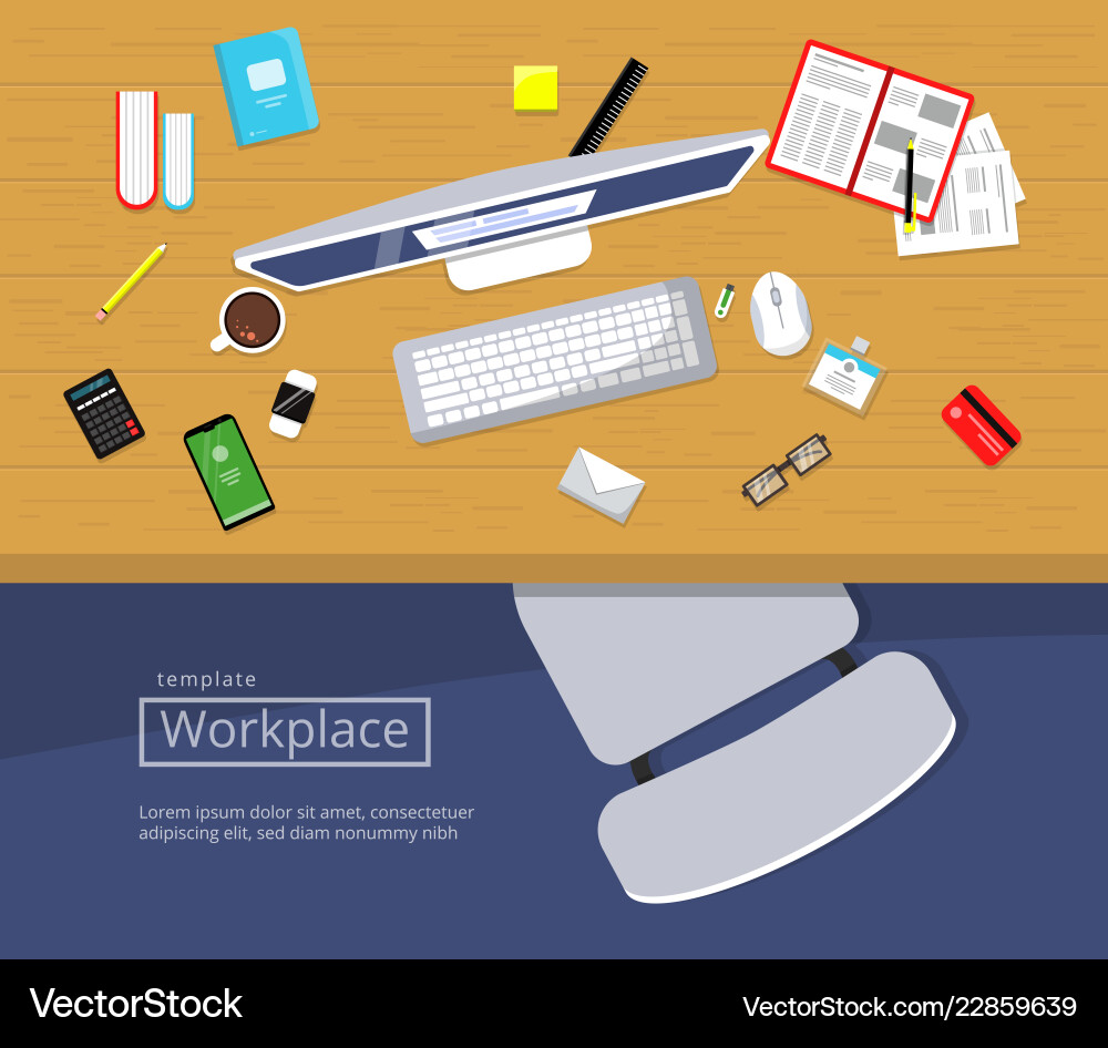 Workspace top view wooden table with office items Vector Image