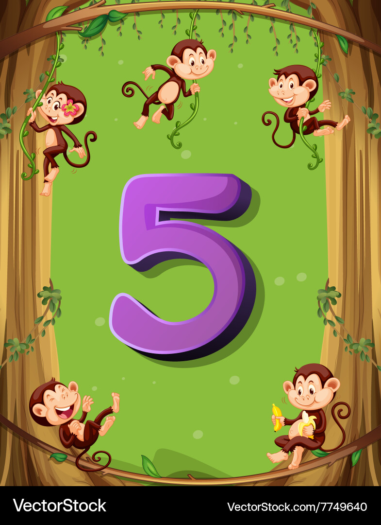 Number five with 5 monkeys on the tree Royalty Free Vector